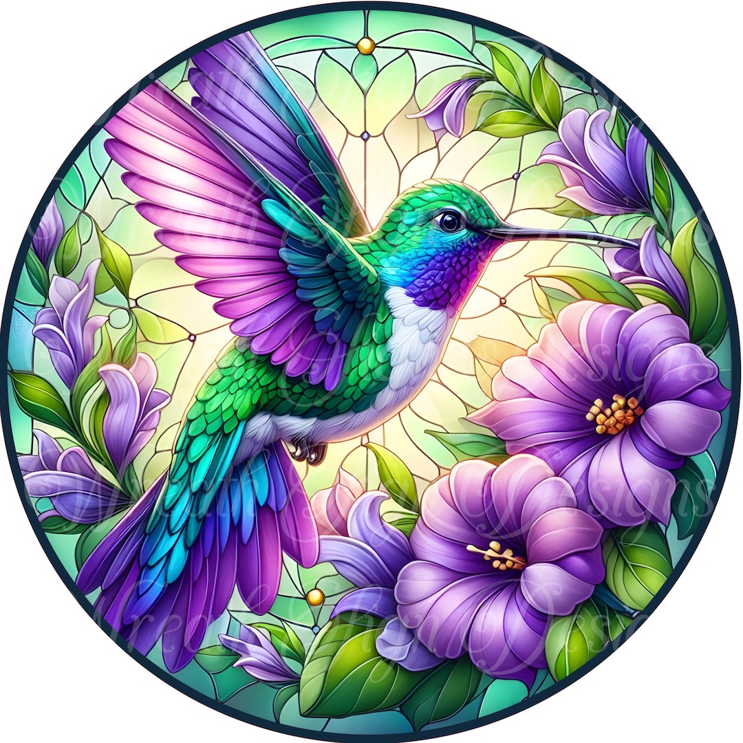 Faux Stained Glass Hummingbird Floral Sign, Lavender and Blue ...