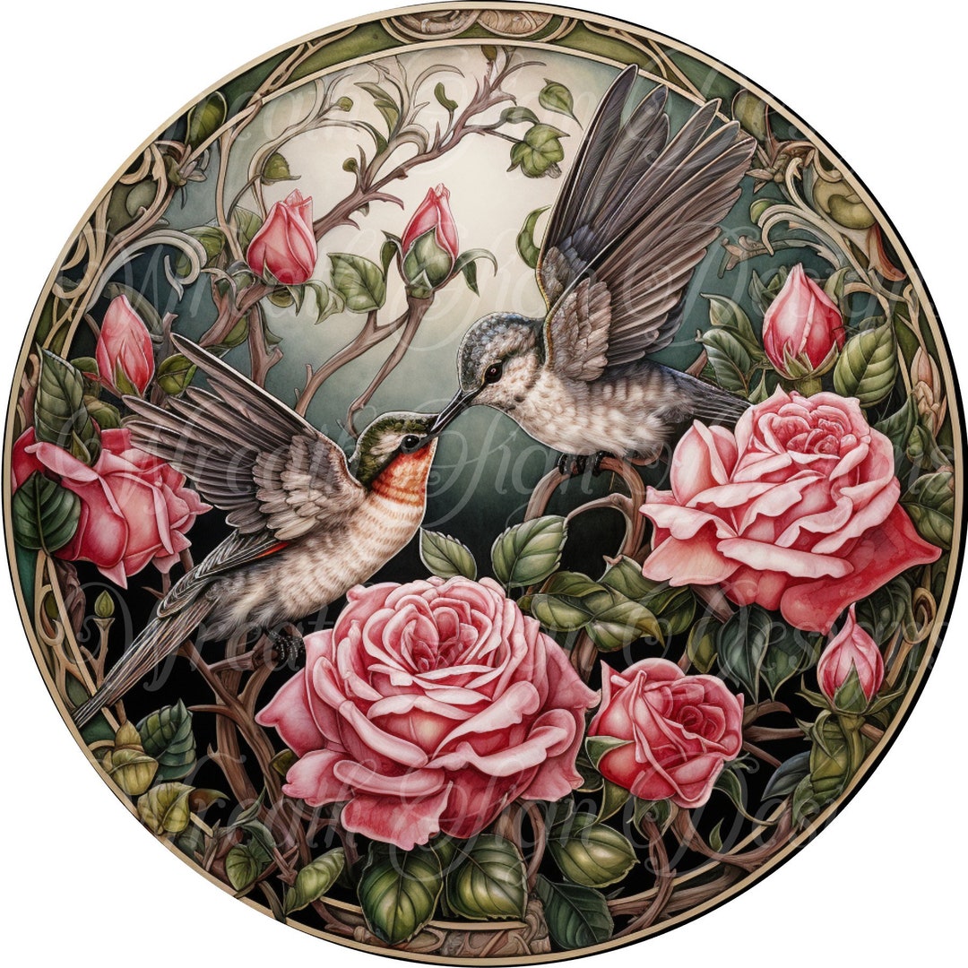 Hummingbird and Pink Roses Sign, Pink and Grey Round Metal Sign, Rustic ...