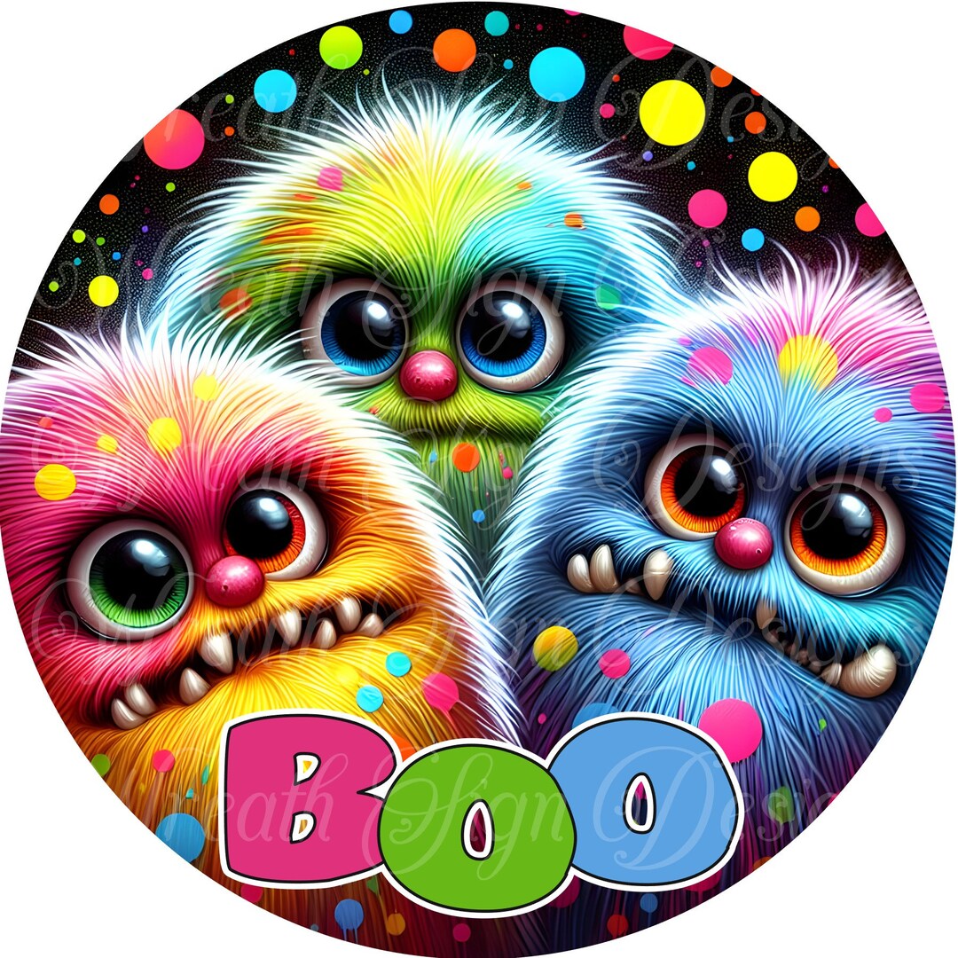 One Eyed Fuzzy Monsters Happy Halloween Wreath Sign, Neon Halloween ...