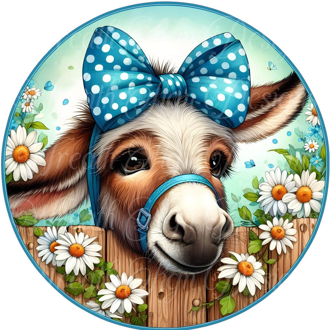 Daisy the Donkey Round Metal Wreath Sign, Donkey and Daisies Wreath ...