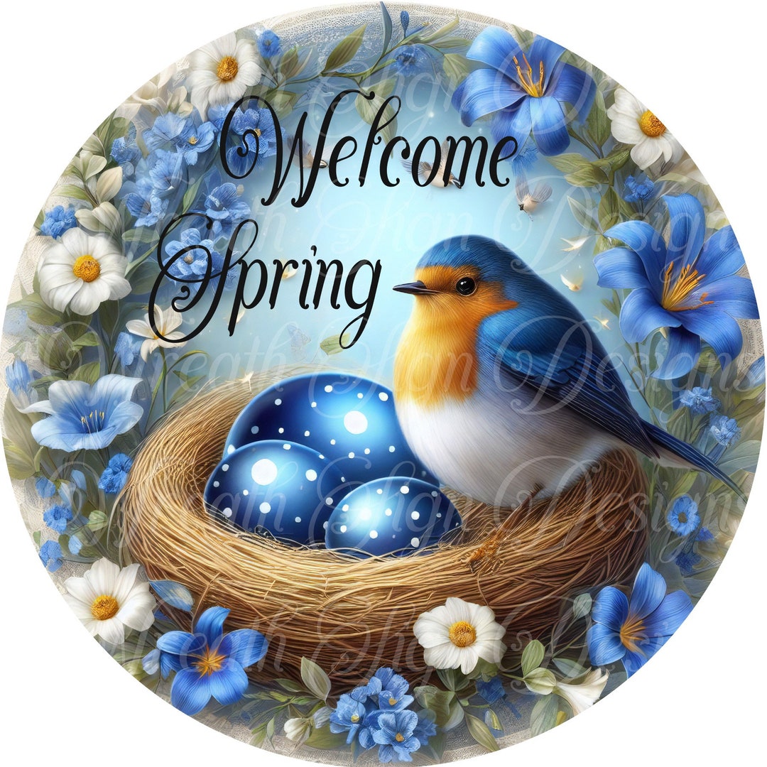 Welcome Spring Robin Easter Wreath Sign, Daisys, Lillies, Round Metal ...