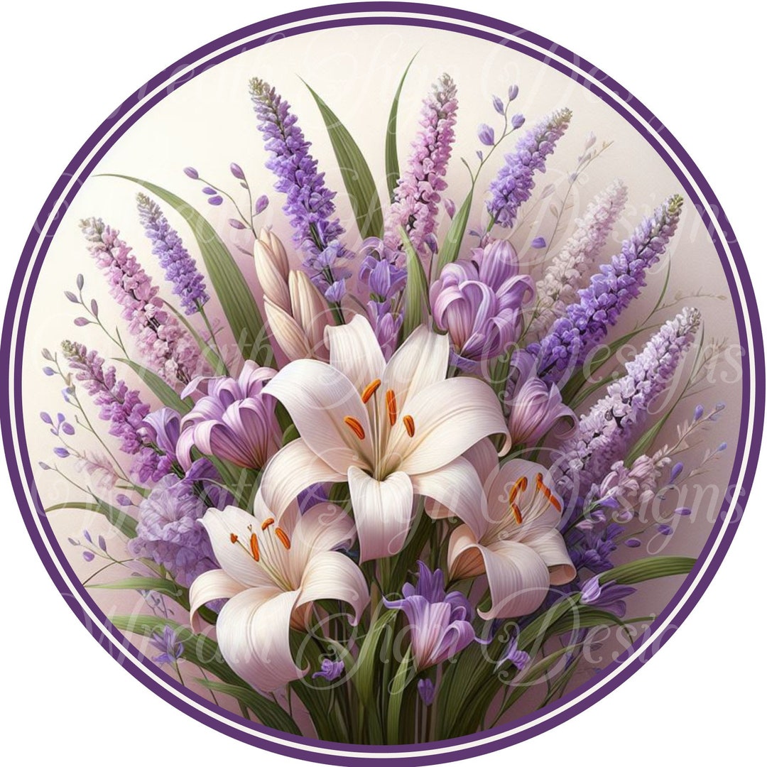 Easter Lilly Round Metal Wreath Sign, Lavender Floral Sign. Springtime ...
