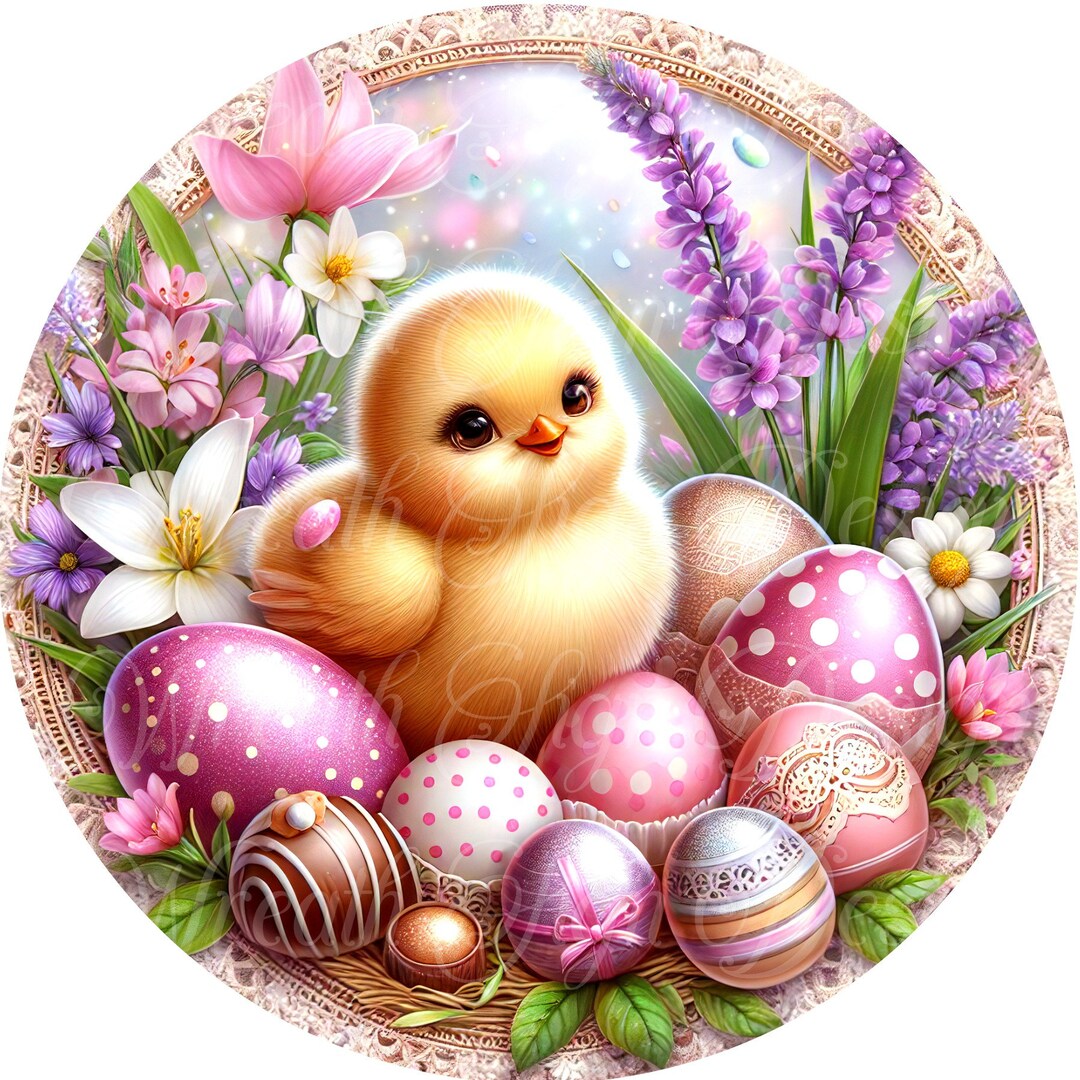 Round Metal Wreath Sign, Easter, Baby Chick, Chicken. Hello Springtime ...