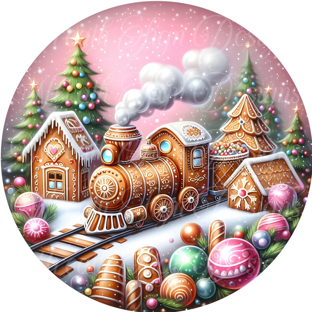 Gingerbread Christmas Pink Train Sign, Gingerbread Man, Wreath Sign ...