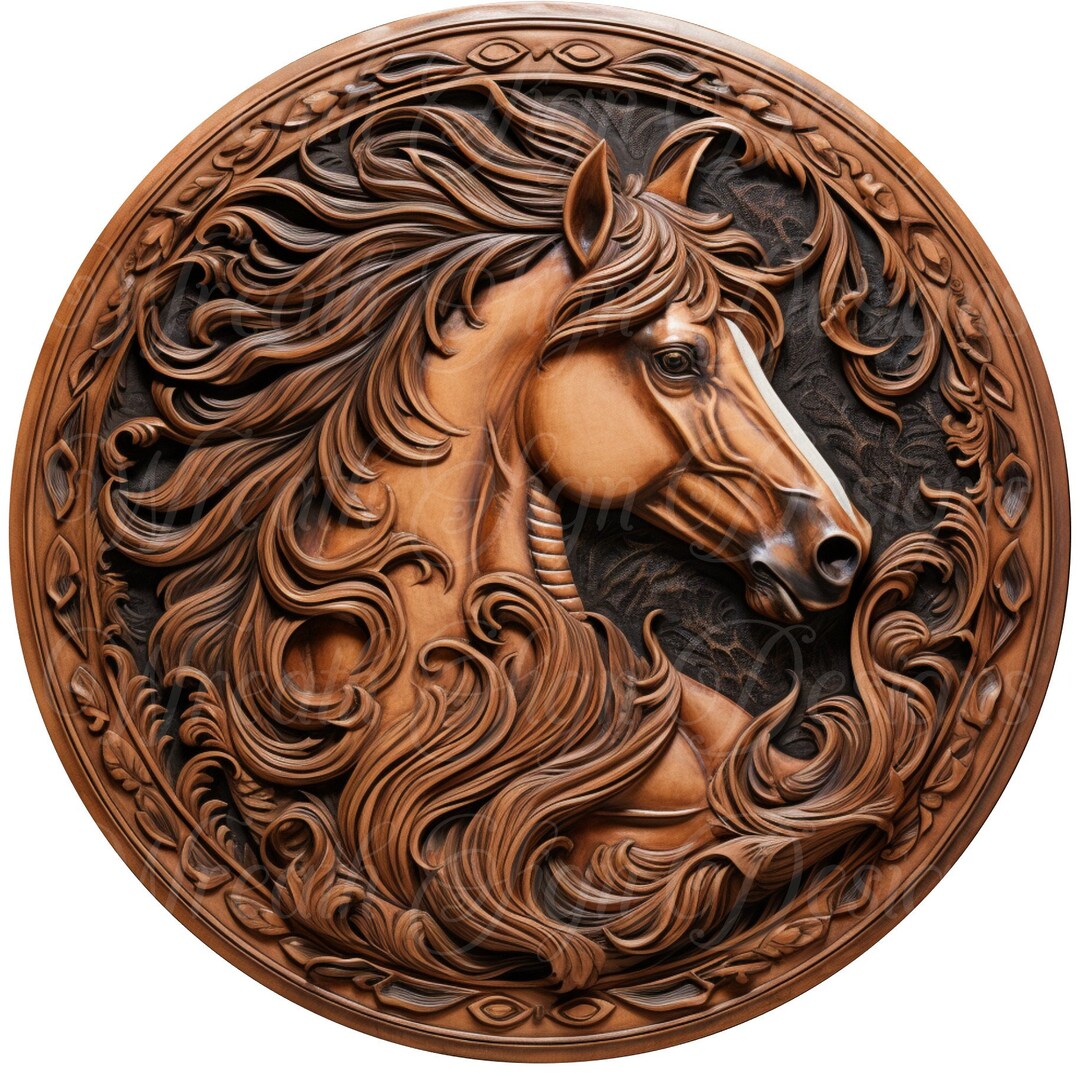 Round Sublimation Metal Wreath Sign, Faux Wood Carved Horse Sign, Wild ...