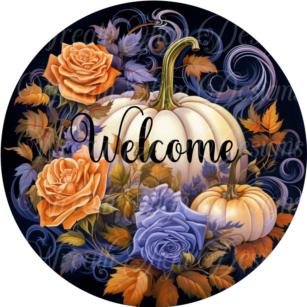 Round Metal Sublimated Wreath Sign, Purple Roses and Pumpkins, Welcome ...