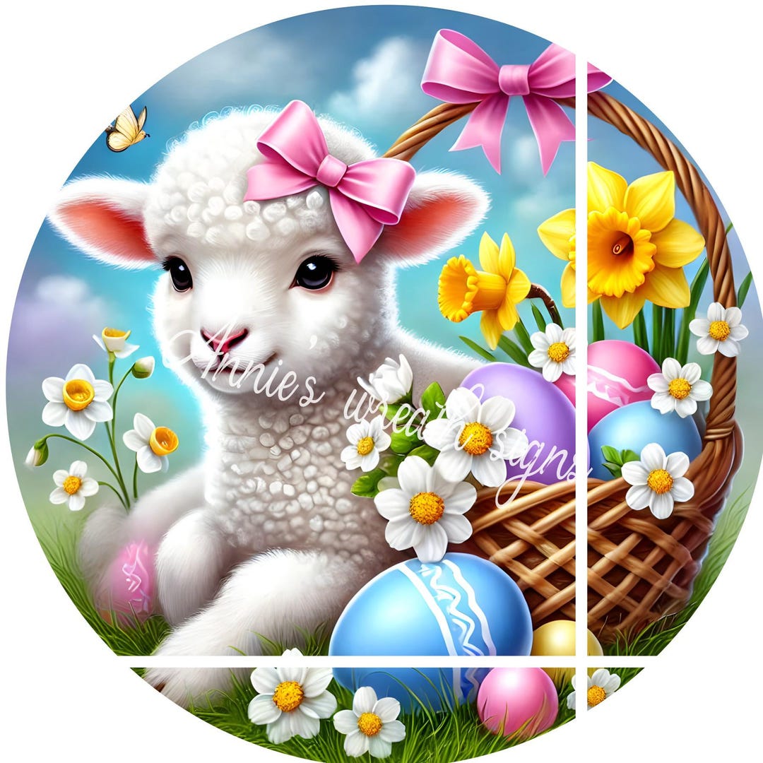 Easter Lamb Round Metal Wreath Sign, Easter Eggs, Flowers, Lamb, Wreath ...
