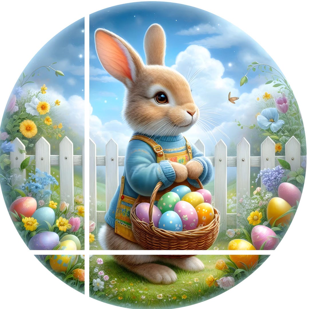 Easter Rabbit, Easter Bunny, Spring, Easter Eggs and Flowers, Round Metal Sublimated Wreath Sign ...
