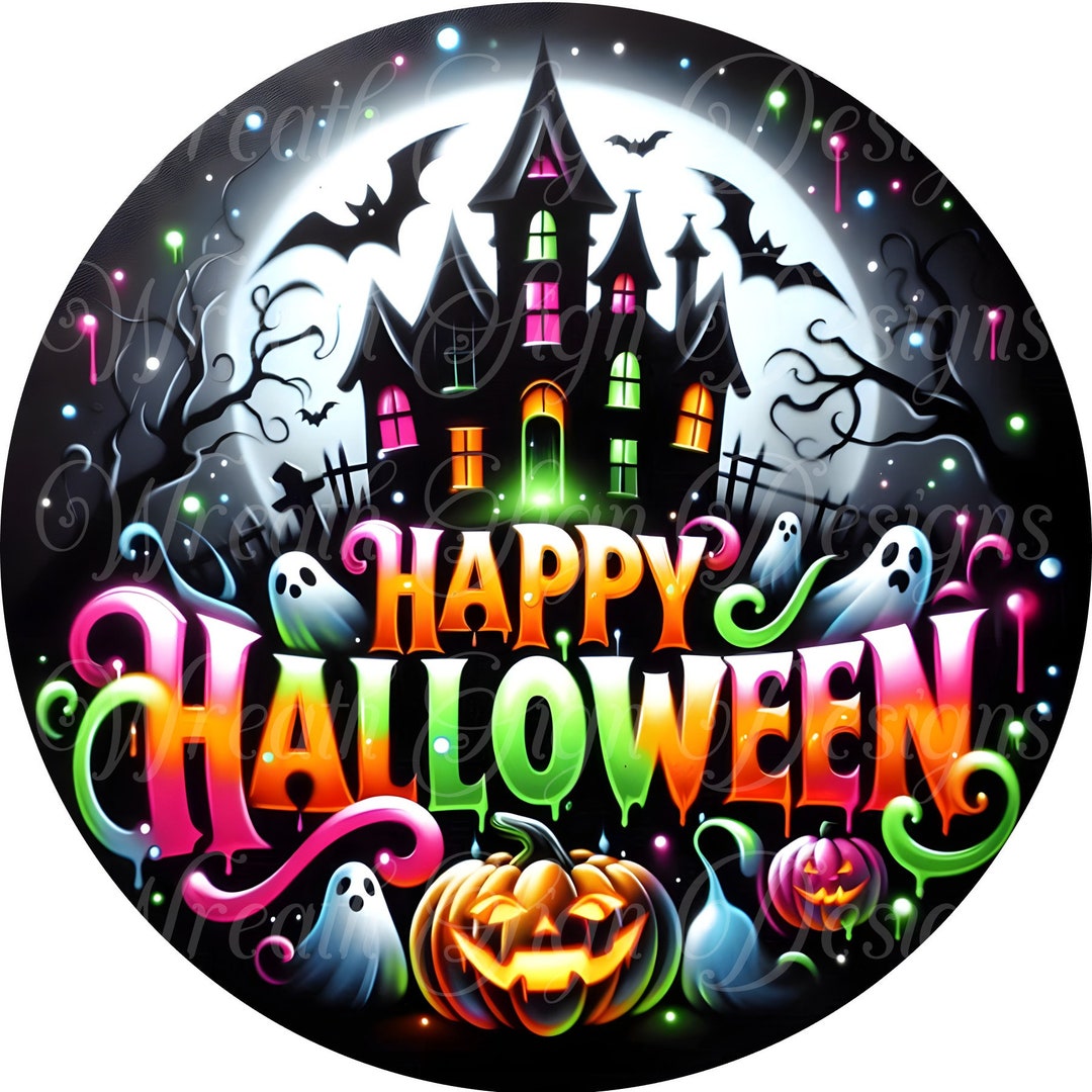 Neon Haunted House Metal Sign: Spooky Halloween Wreath Center - Etsy
