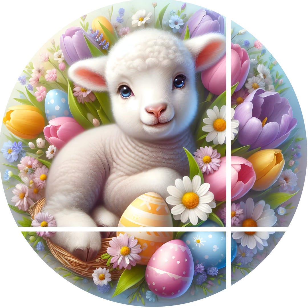 Easter Lamb Round Metal Wreath Sign, Easter Eggs, Flowers, Lamb, Wreath ...