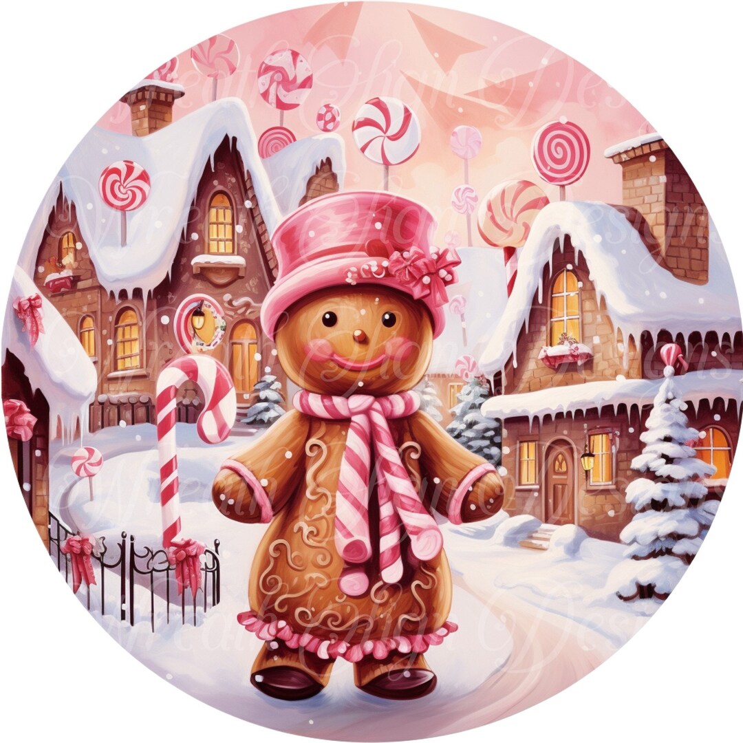 Pink Peppermint Gingerbread Man in a Gingerbread Village Christmas Sign ...