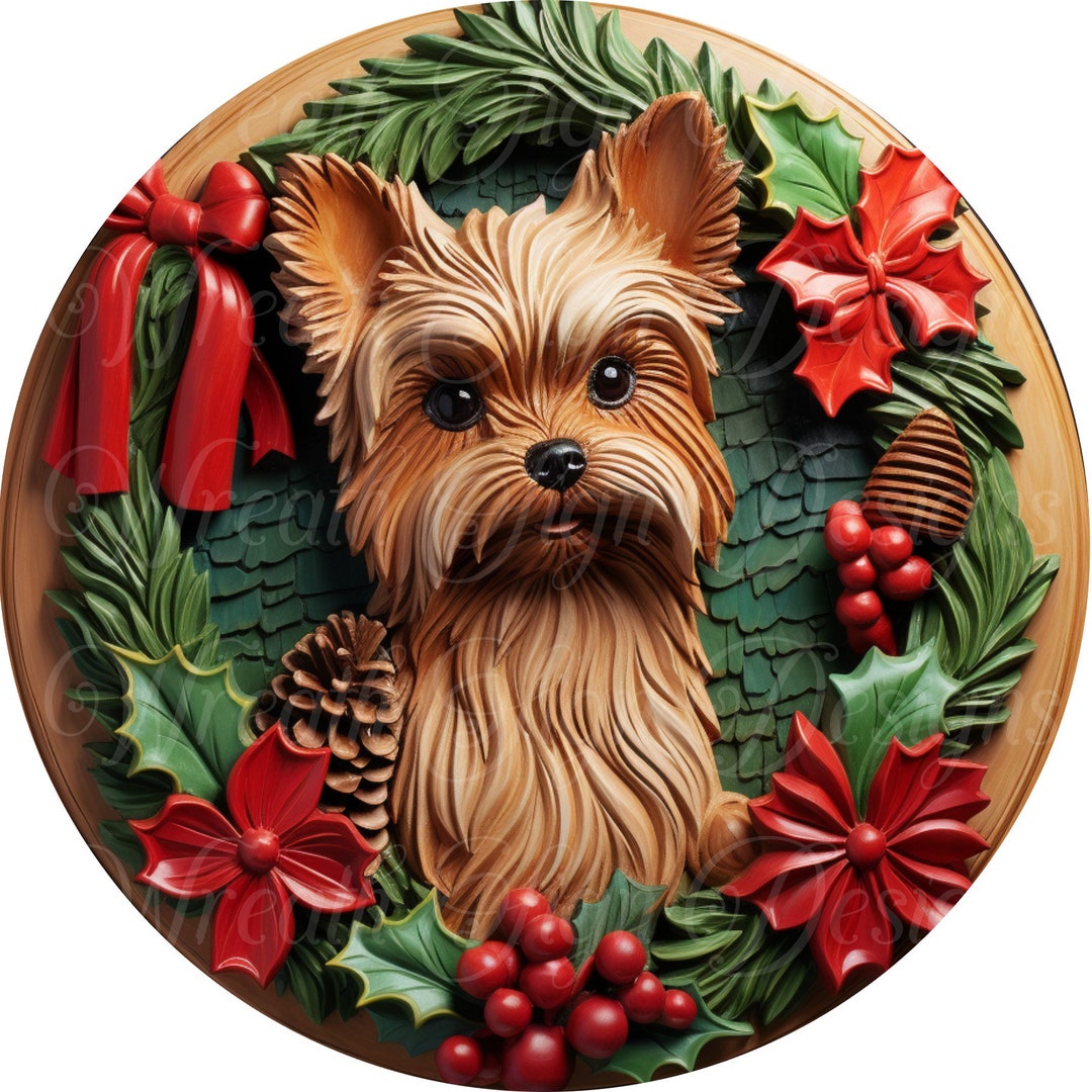 Faux Wood Carved Dog Sign, Yorkie Dog Christmas Metal Sign Round Sign ...