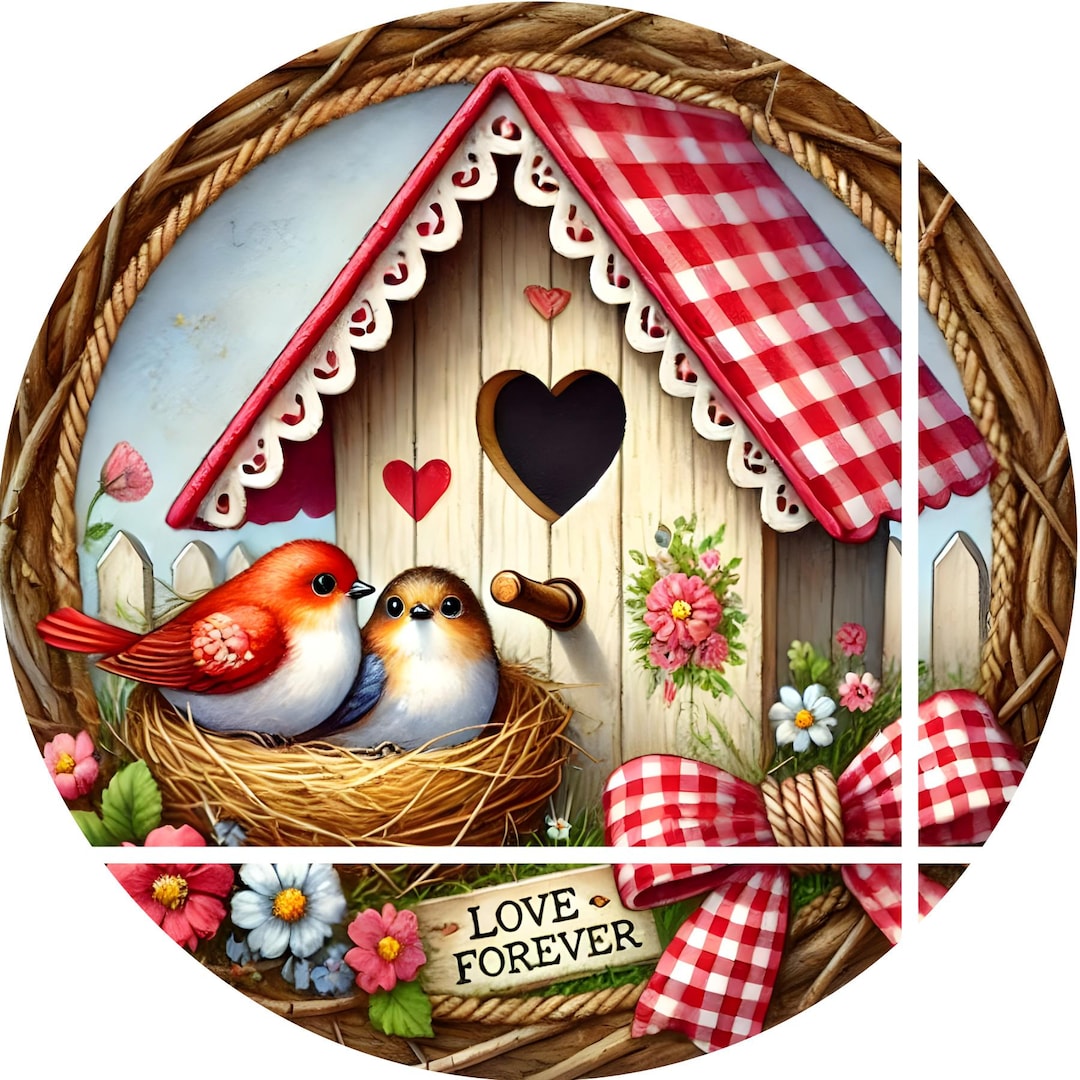 Valentine's Day Love Birds Wreath Sign, Love Hearts Roses, Round Metal ...