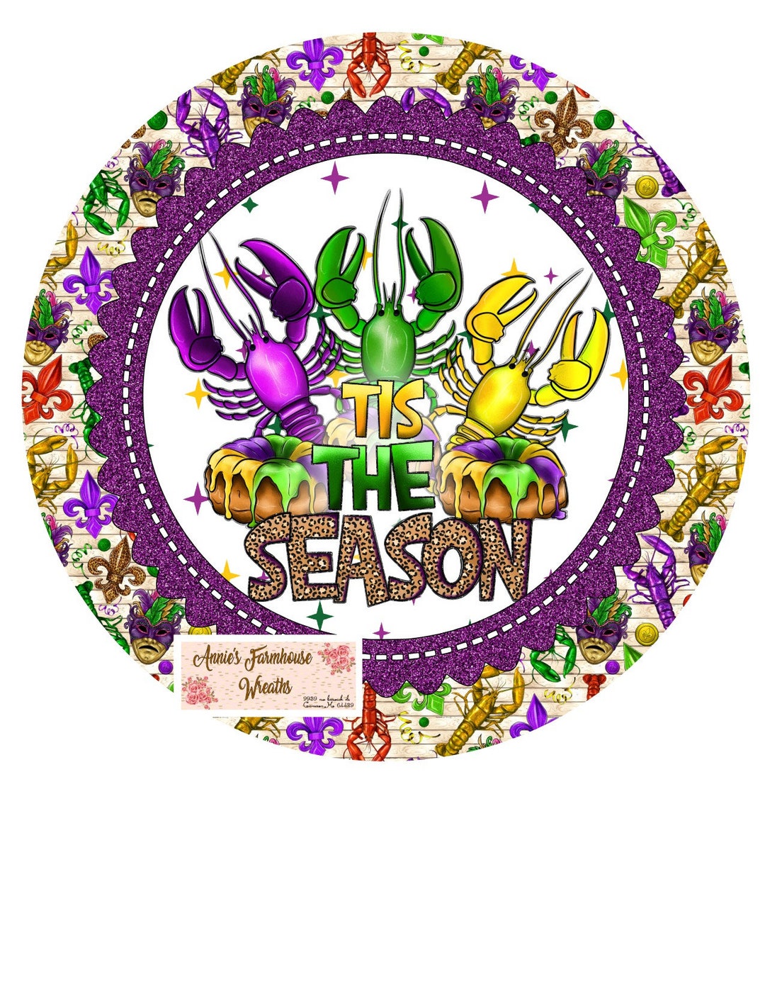 Mardi Gras Tis the Season Crawdad Round Metal Wreath Sign, Fat Tuesday ...
