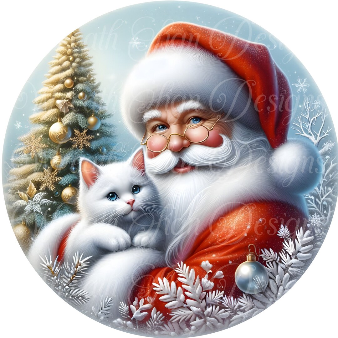 Santa & Kitty Cat Christmas Wreath Sign: Round Metal Sublimation - Etsy
