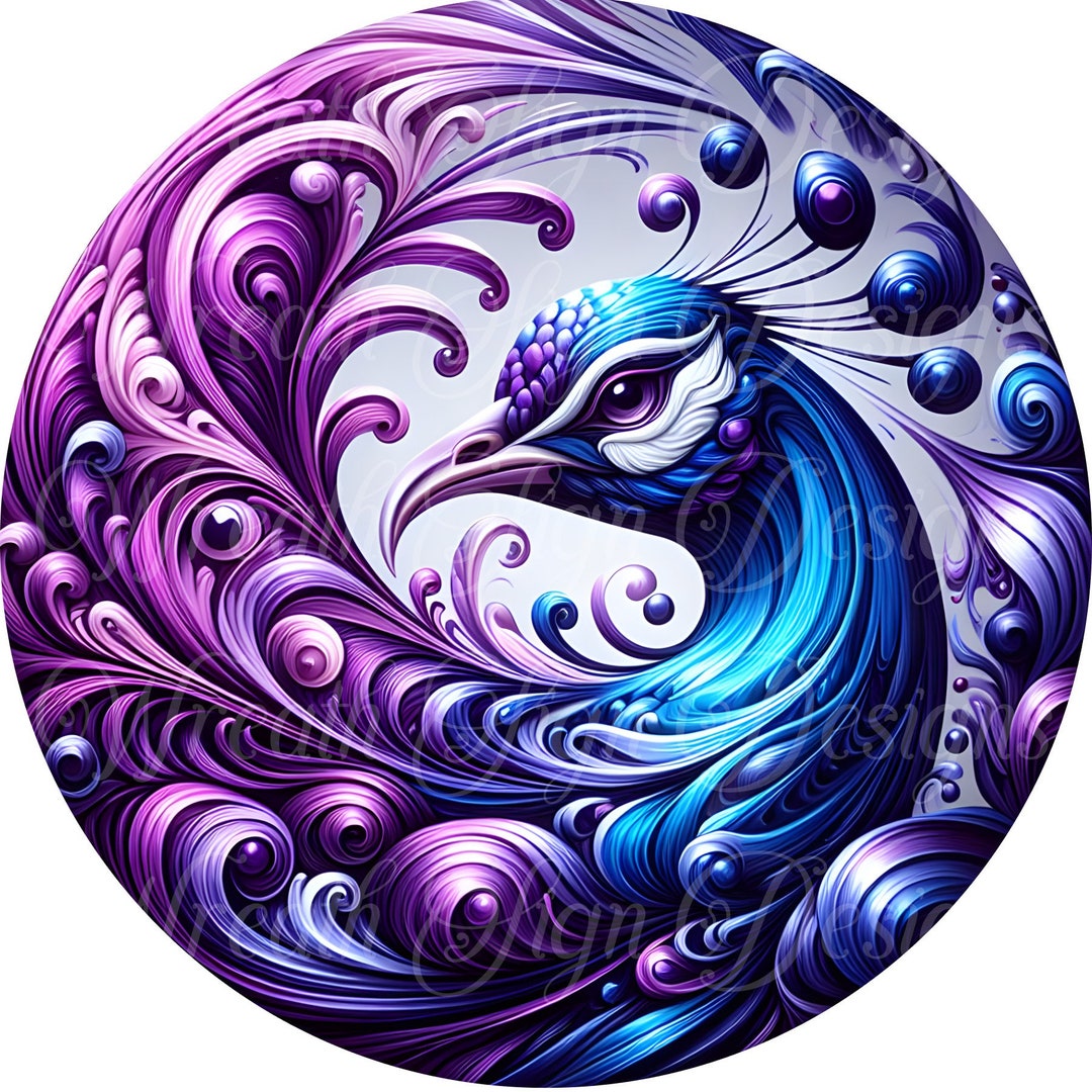 Round Metal Wreath Sign, Purple Peacock Sign, Bird Sign. Wreath ...