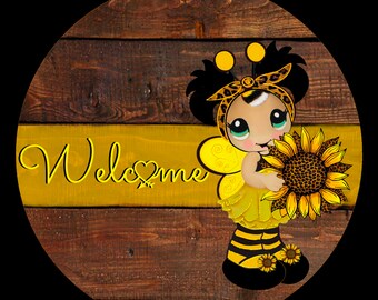 Teal and Brown Sunflower Sign. Welcome, Round Metal Sublimation Sign ...