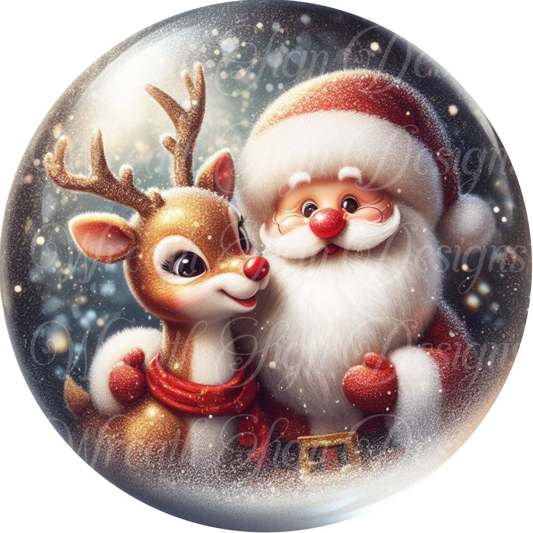 Santa Claus and His Reindeer Round Metal Wreath Sign, Kris Kringle ...