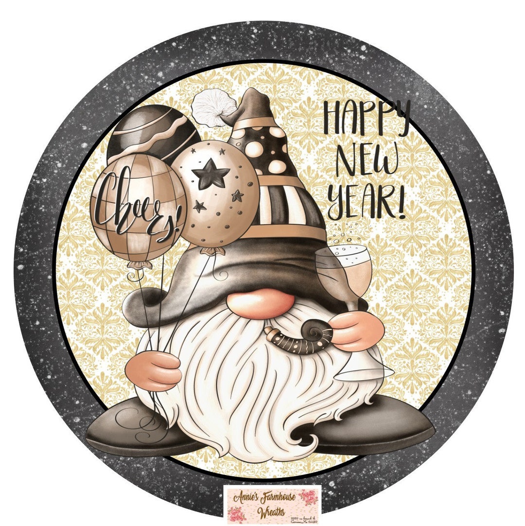 Happy New Year Round Metal Wreath Sign, New Year's Gnome Sign, Black ...