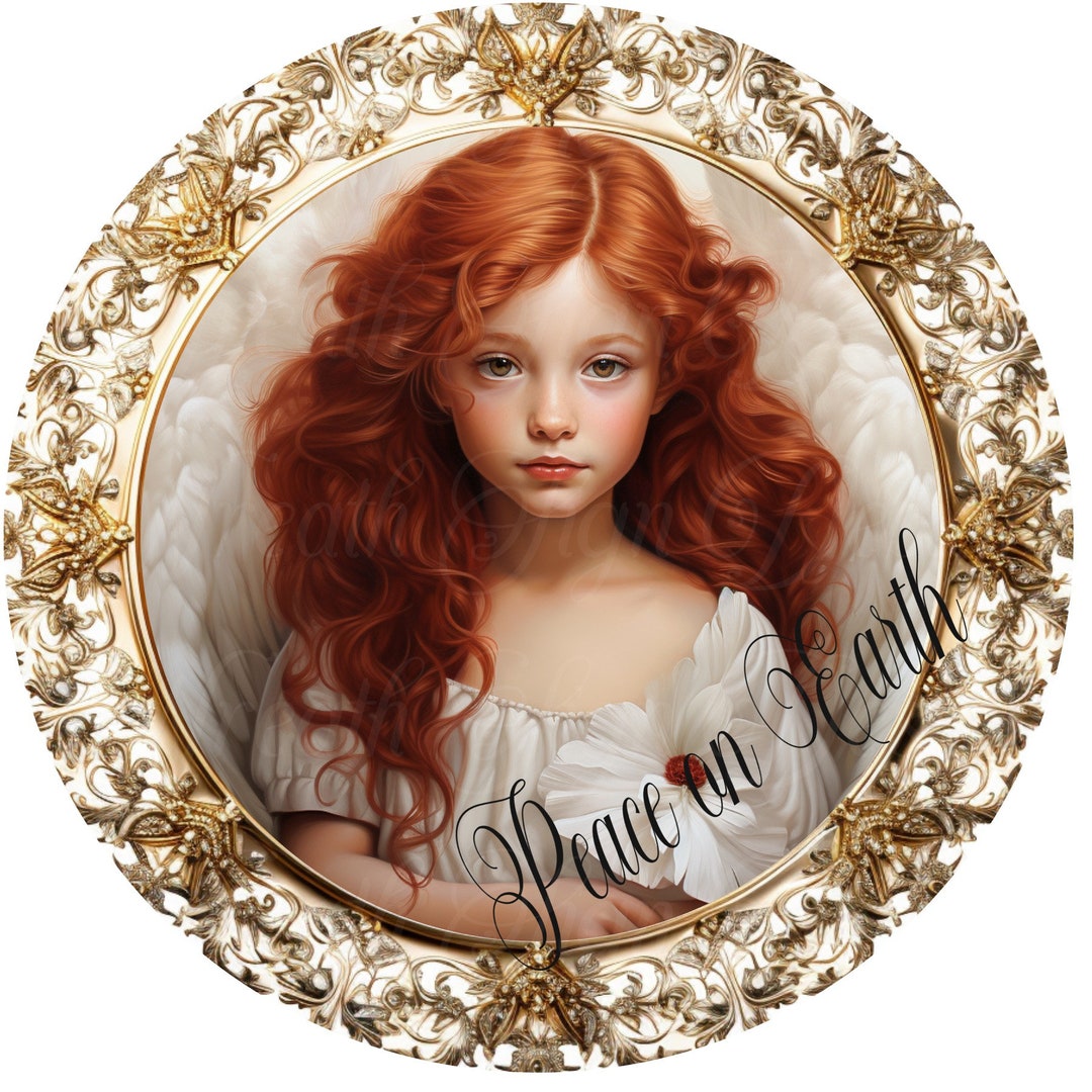 Round Metal Wreath Sign, Red Headed Angel, Christmas Scottish Angel ...