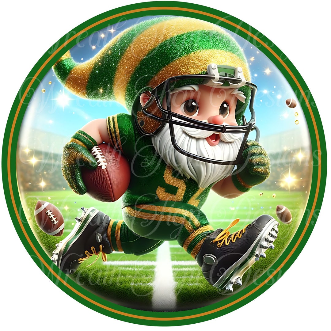 Football Gnome Green and Gold Round Metal Sublimated Wreath Sign, Game ...