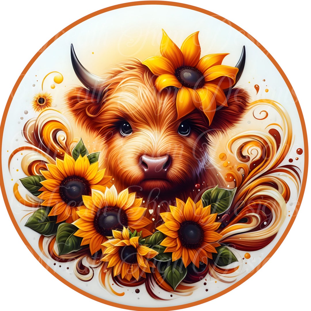 Highland Cow and Sunflowers Round Metal Wreath Sign, Farmhouse, Summer ...