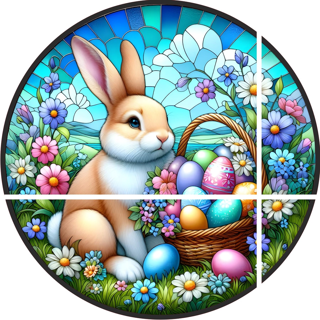 Round Sublimated Metal Wreath Sign, Faux Stained Glass Easter Rabbit ...