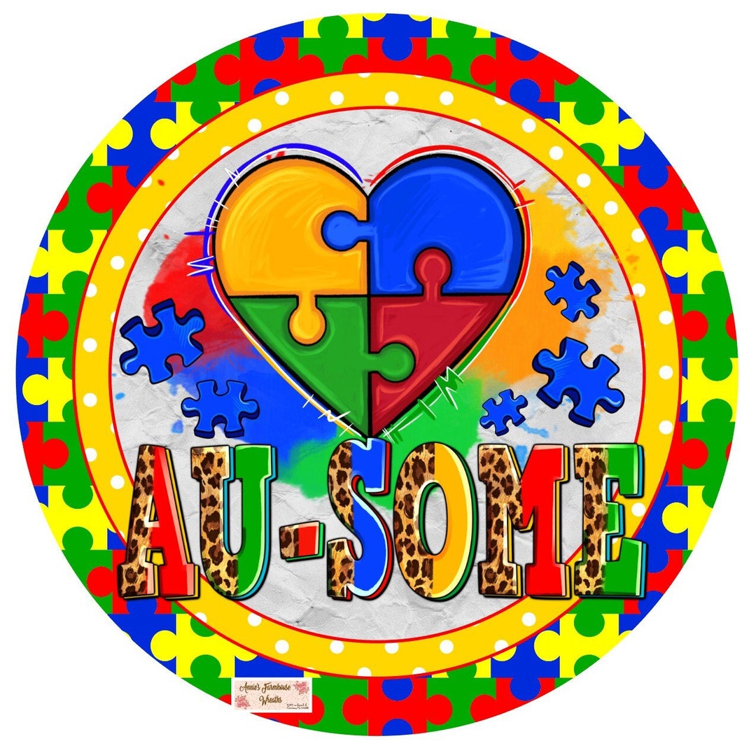 Round Metal Wreath Sign, Infinity Autism Puzzle Pieces Wreath Center ...