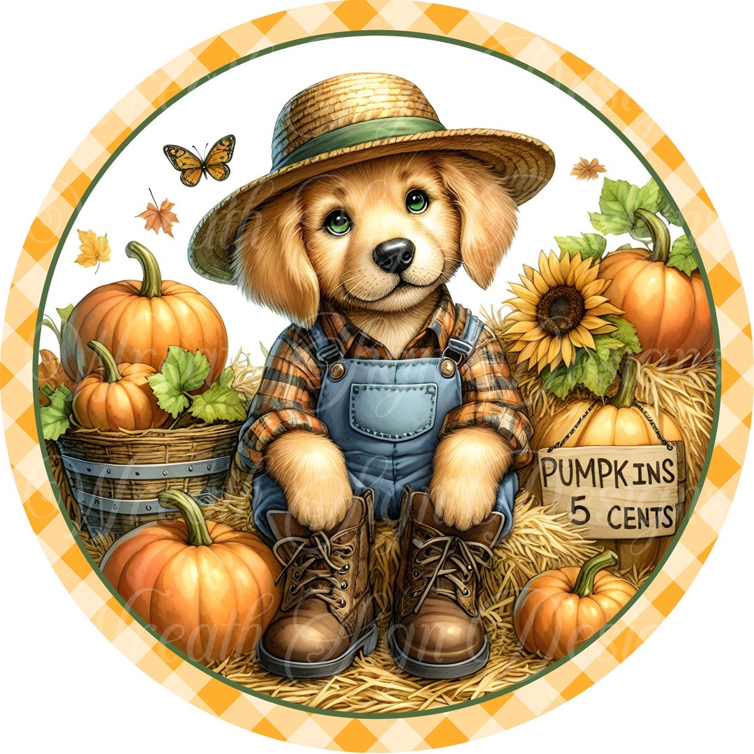 Round Metal Sublimated Wreath Sign, Fall Scarecrow Dog Center Wreath ...