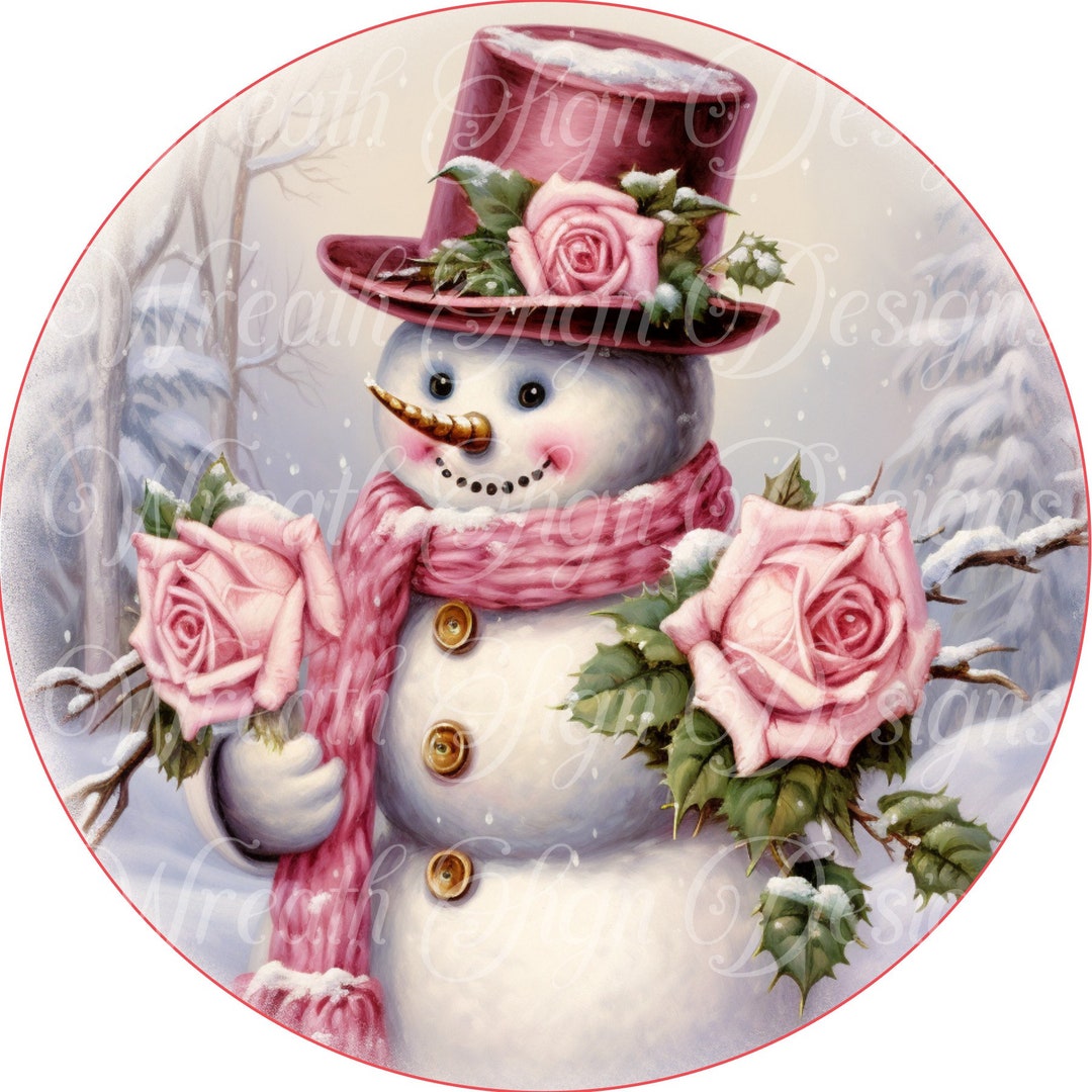 Pink Christmas Snowman Sign With Winter Roses Sign, Pink Christmas ...