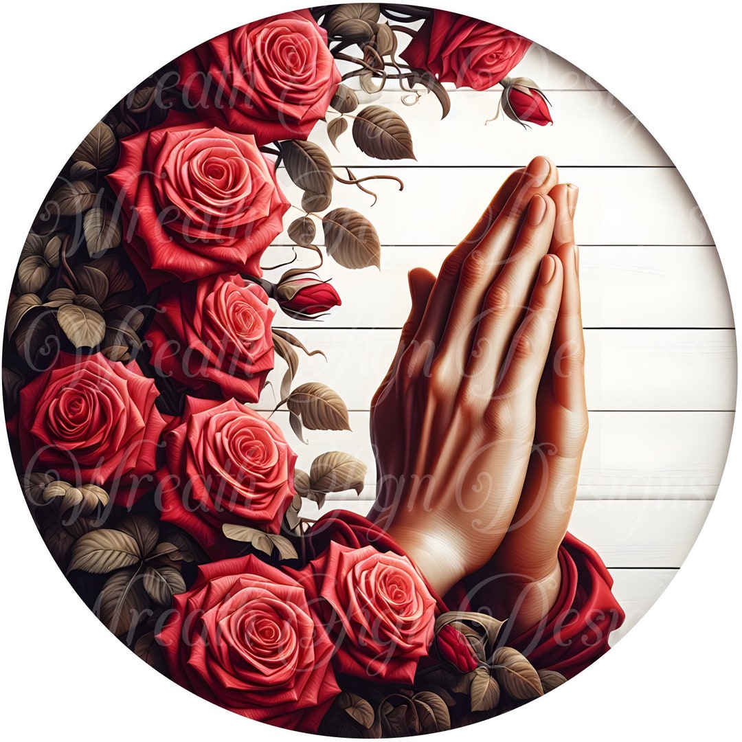 Sublimated Metal Wreath Sign, Praying Hands Red Roses Floral Sign ...