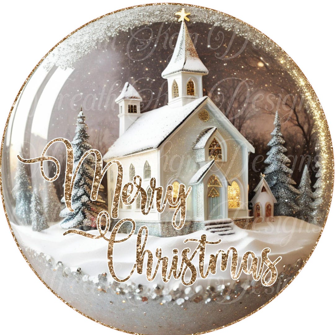 Round Metal Sublimated Wreath Sign, Christmas, Old World Church in the ...