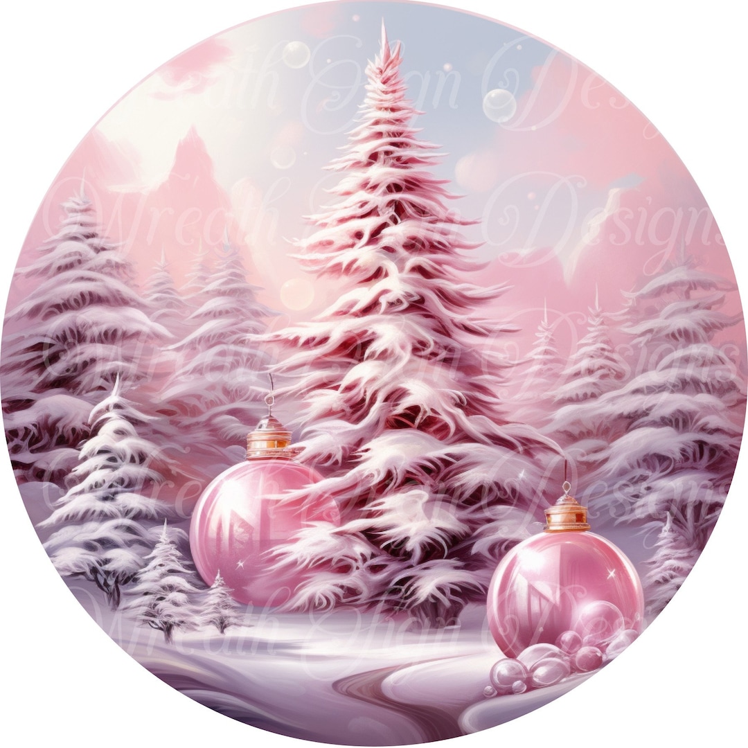 Pink Christmas Round Metal Wreath Sign, Pink Christmas Tree in the Snow ...