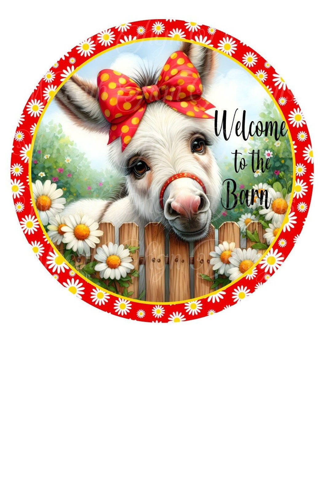 Daisy the Donkey Round Metal Wreath Sign, Donkey and Daisies Wreath ...