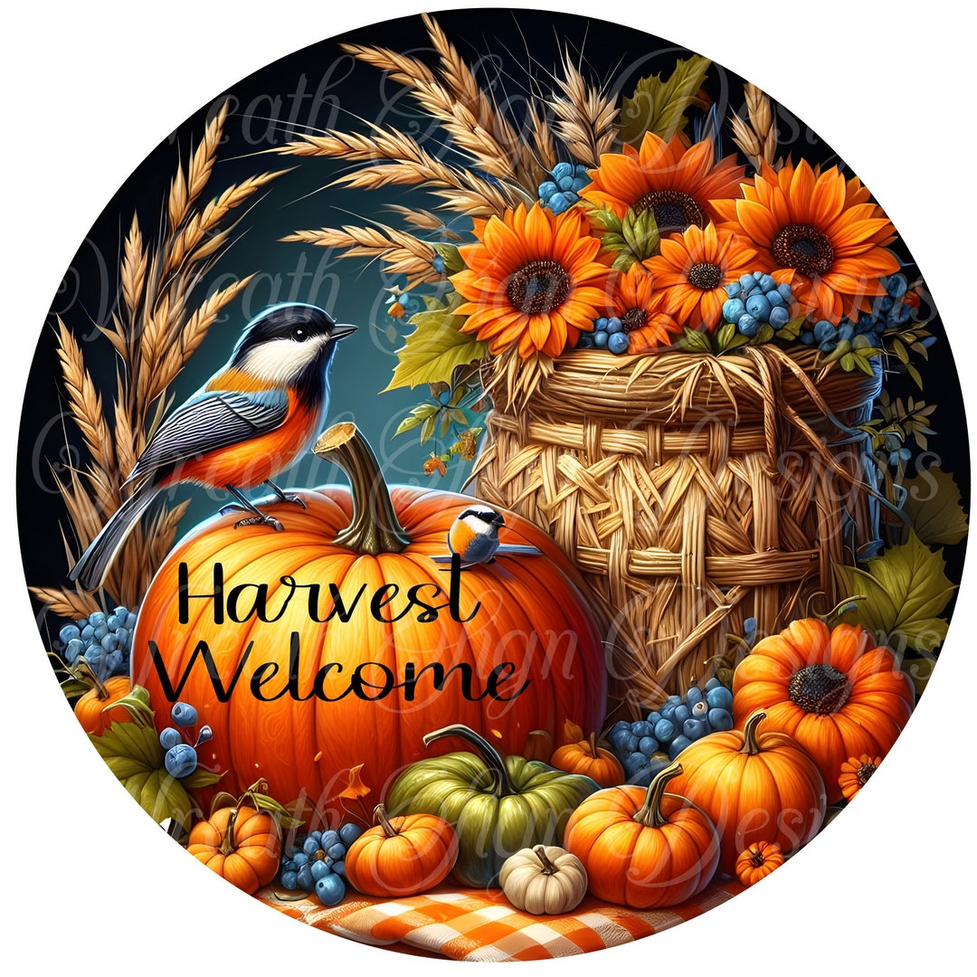 Harvest Welcome Fall Wreath Sign, Chickadee and Pumpkins, Autumn ...