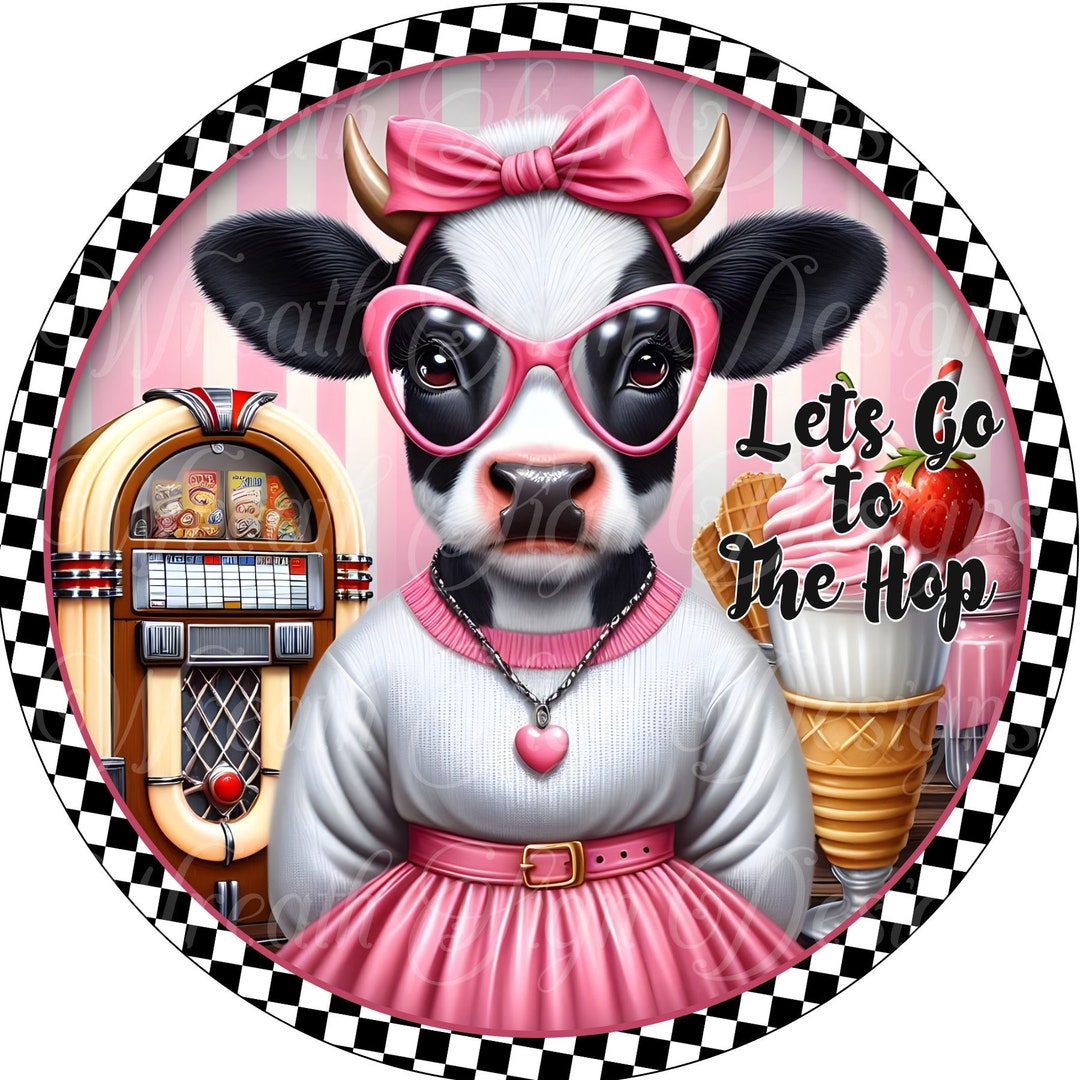 Retro 50s Rock and Roll Cow, Sock Hop Cow, Metal Sign Round Sign ...
