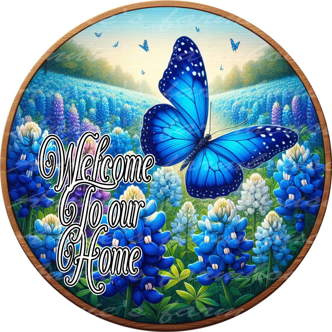 Blue Butterfly Metal Sign: Welcome Spring Floral Wreath Center - Etsy