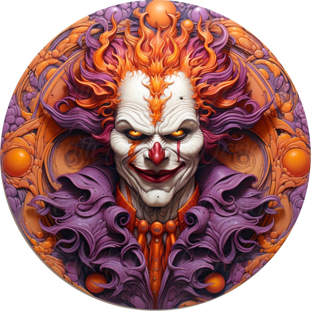 Round Metal Faux 3d Creepy Halloween Clown, Orange and Purple Clown ...