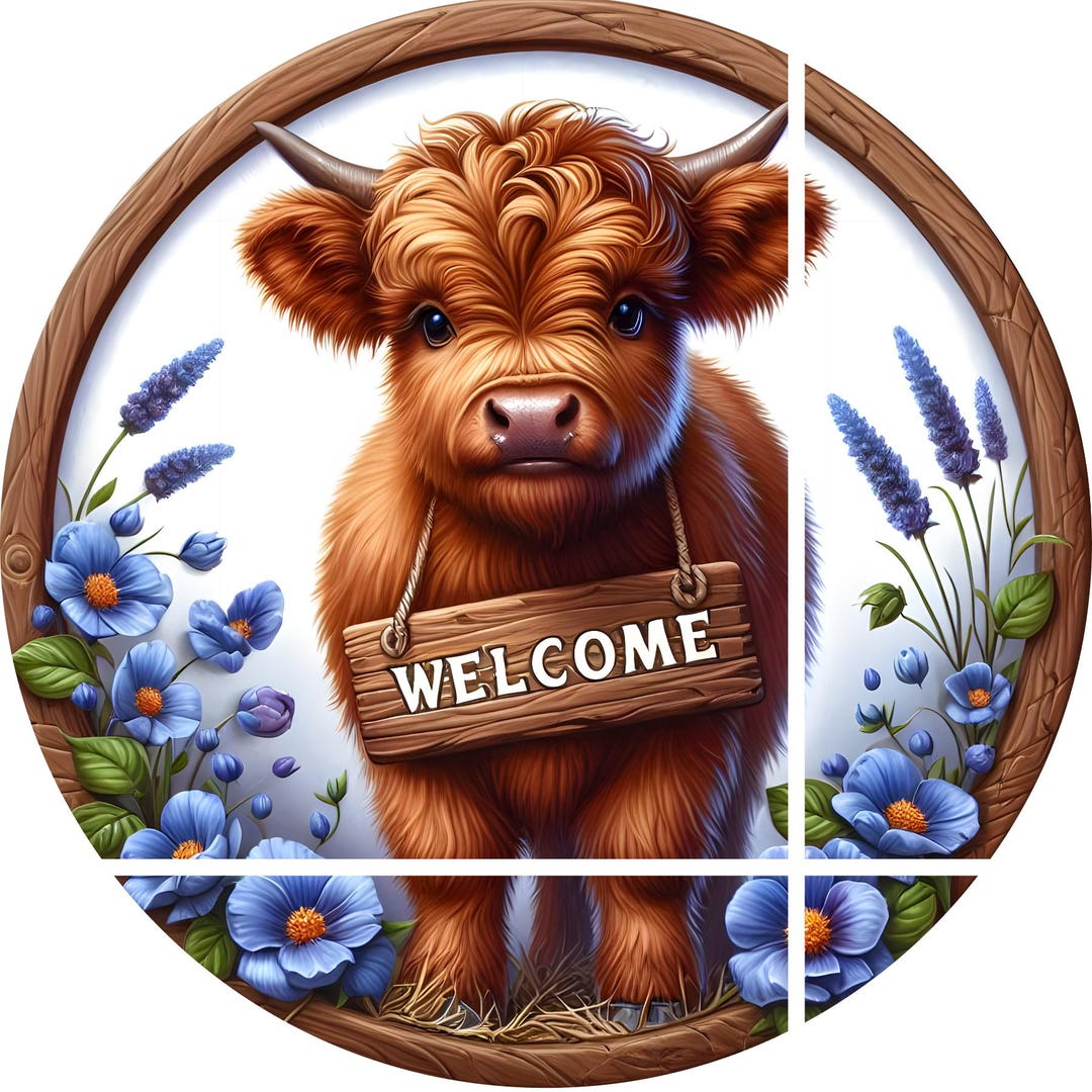 Welcome, Cow, Highland Cow, Welcome Metal Wreath Sign, Round Sign ...