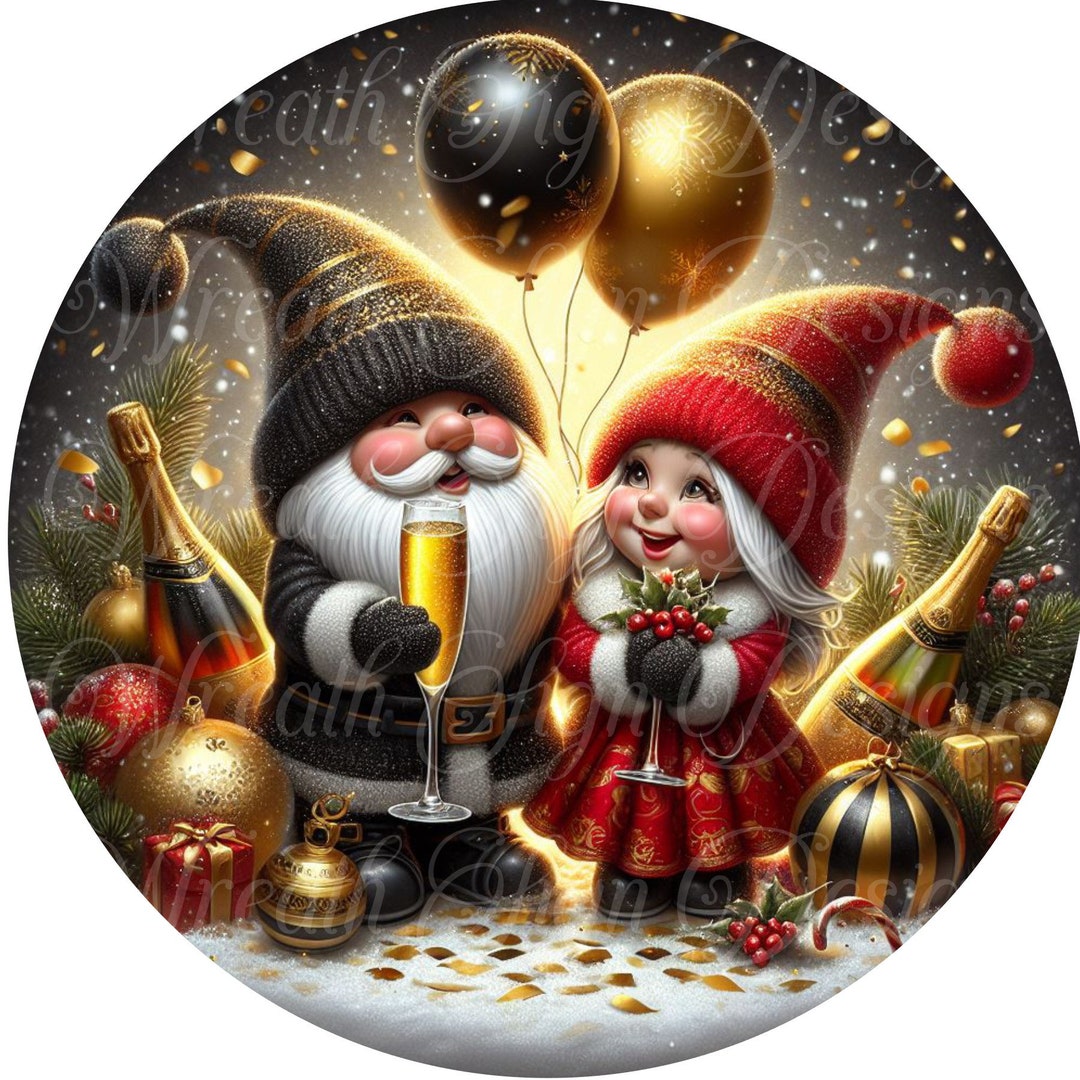 Happy New Year Round Metal Wreath Sign, New Year's Gnome Sign, Black ...