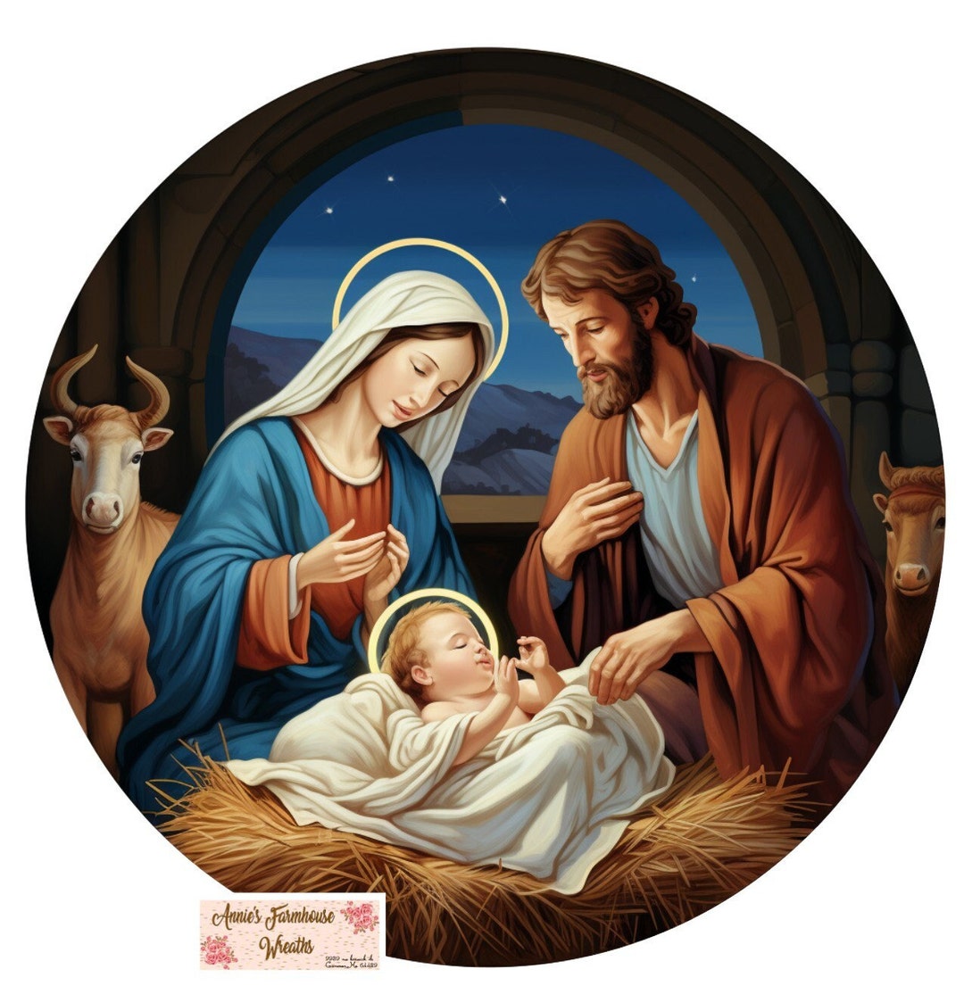 Baby Jesus Nativity Scene Round Metal Sign, Christmas Sign, Winter ...