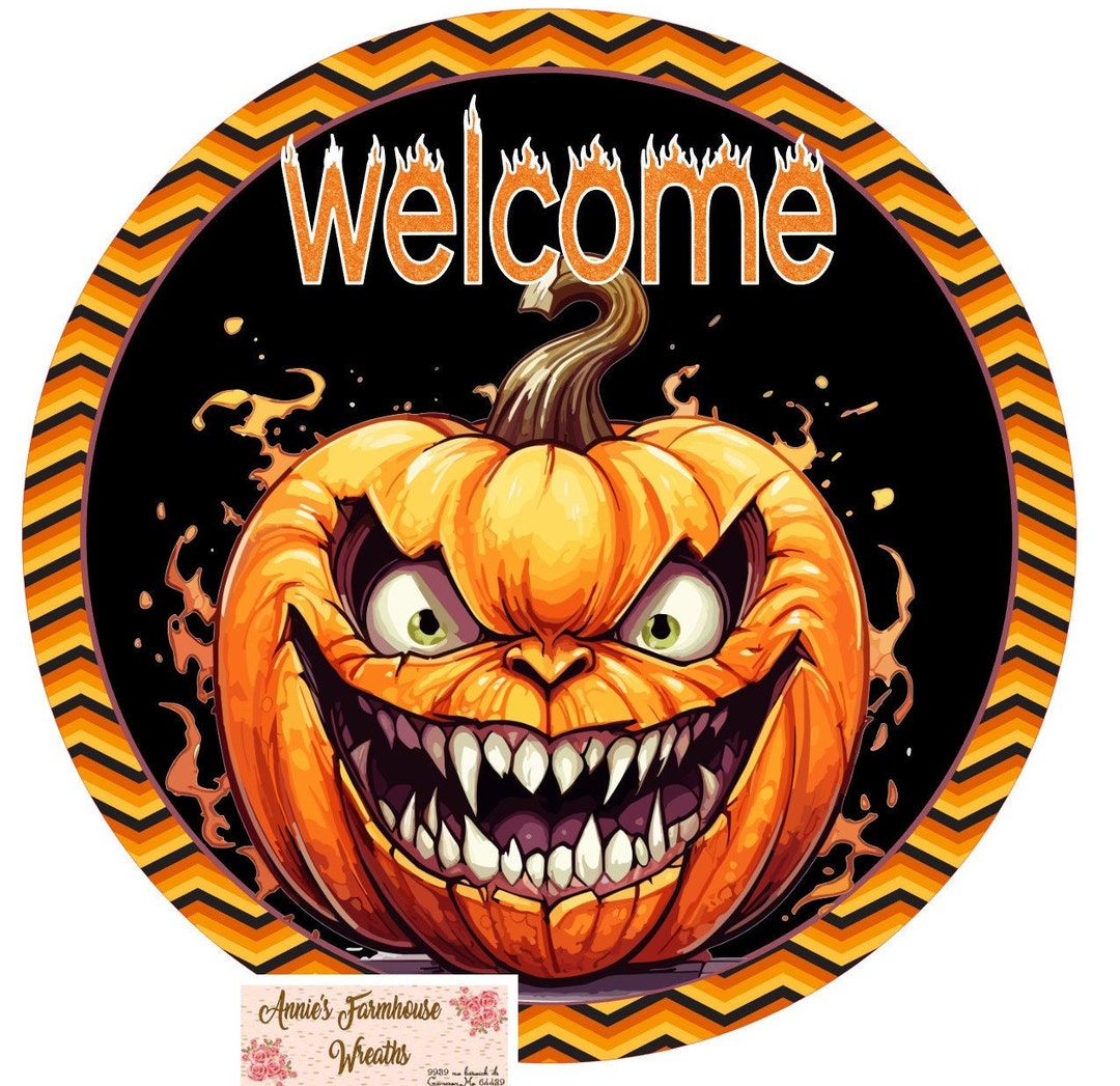 Round Metal Wreath Sign, Creepy Spooky Pumpkin Jack-o-lantern Halloween ...