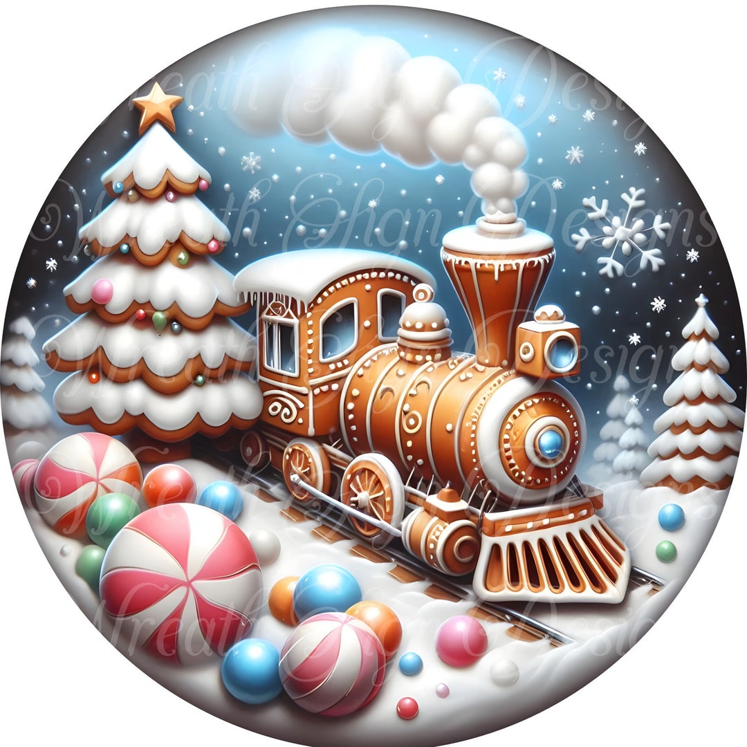 Gingerbread Christmas Train Sign, Gingerbread Man, Wreath Sign, Pastel ...