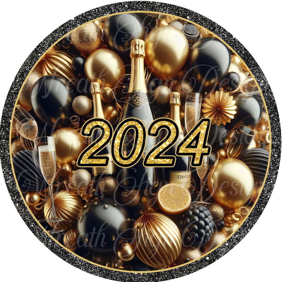 Happy New Year Round Metal Wreath Sign, New Year's 2024 Sign, Black and ...