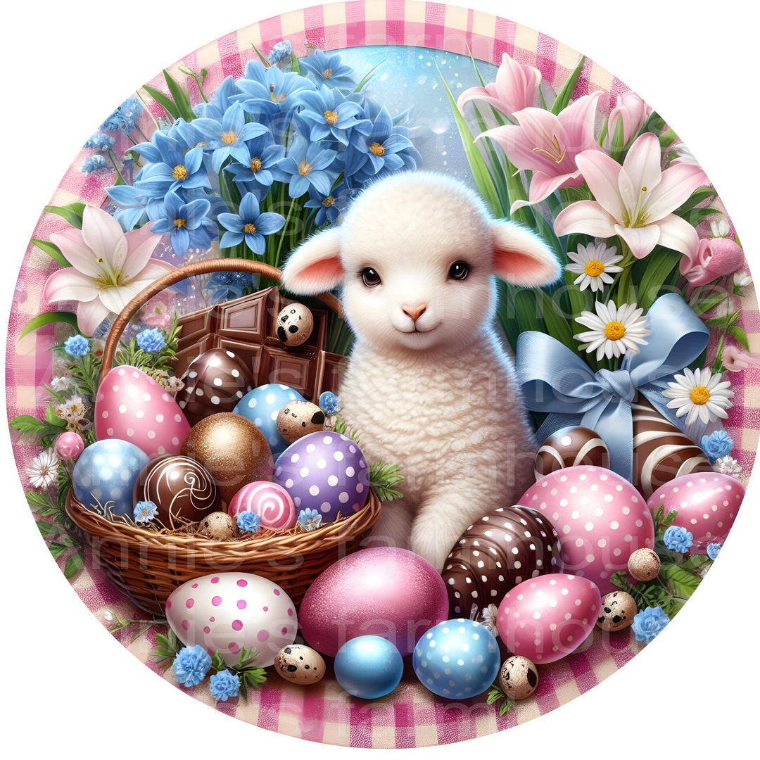 Easter Lamb Round Metal Wreath Sign, Easter Eggs, Flowers, Lamb, Wreath ...