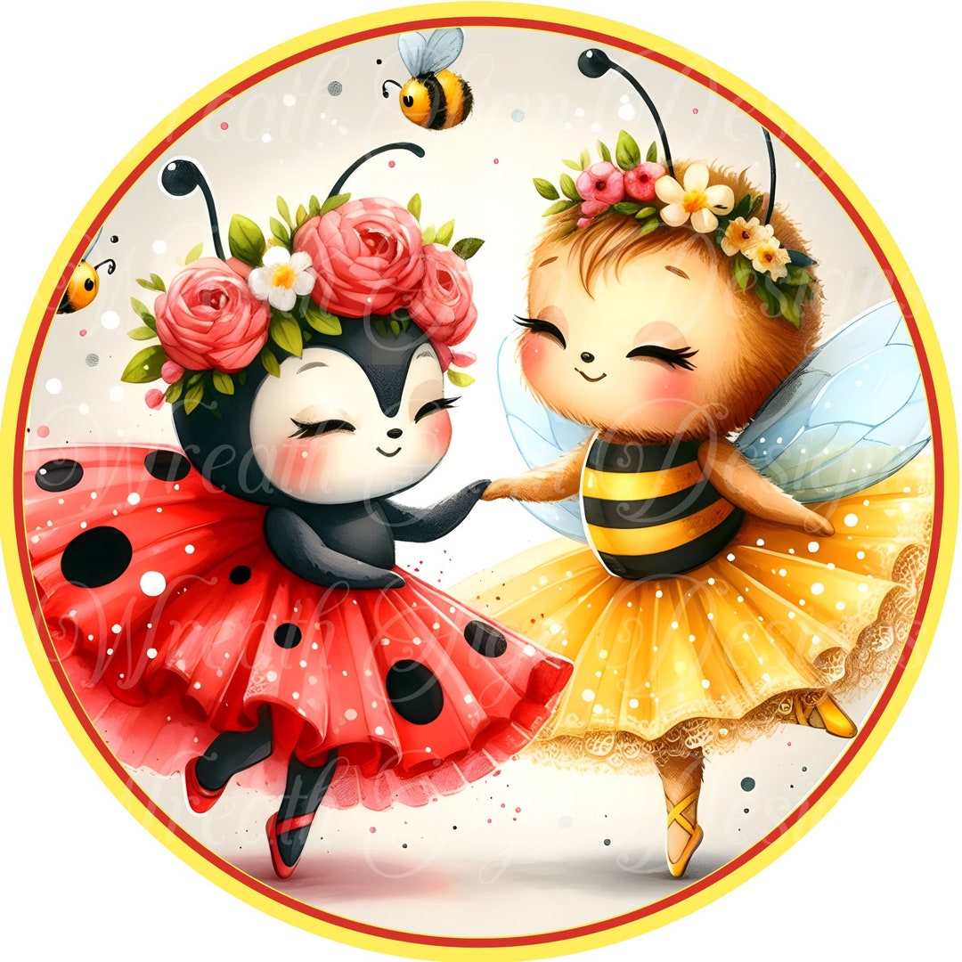 Dancing Ladybug and Bumble Bee Wearing Tutus, Metal Wreath Sign, Summer ...