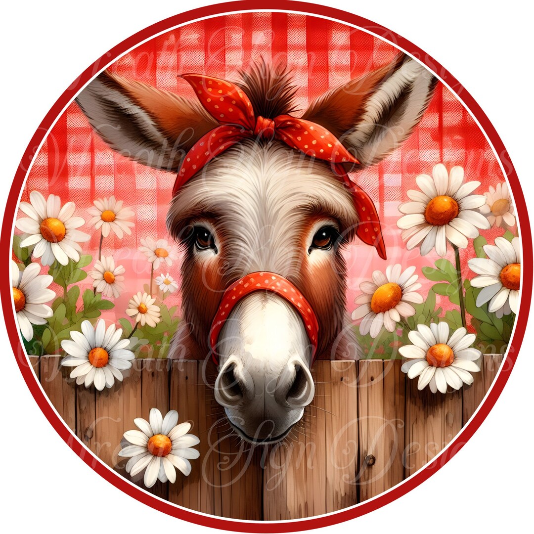 Daisy the Donkey Round Metal Wreath Sign, Donkey and Daisies Wreath ...