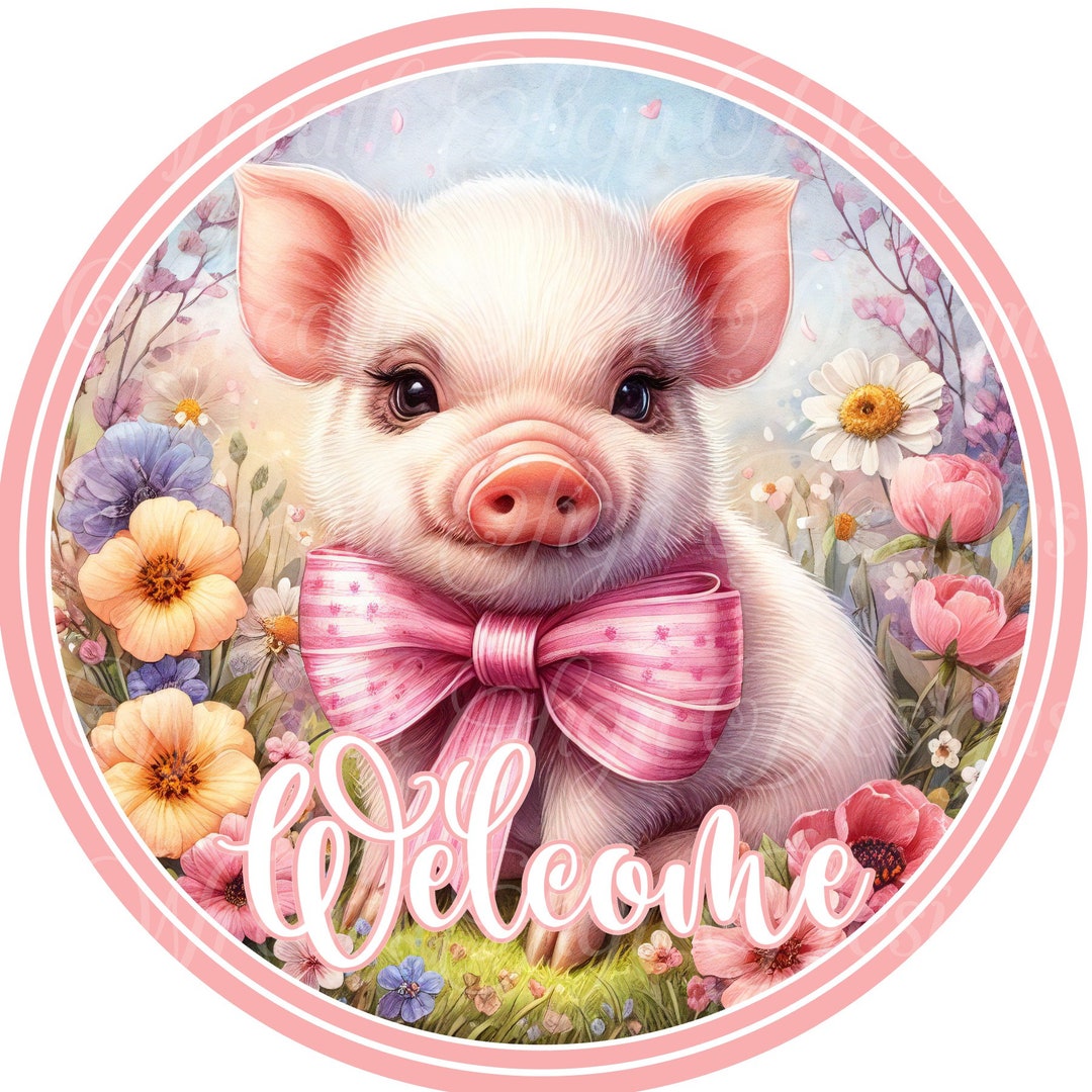 Welcome Pig Sign, Watercolor Flowers Metal Wreath Sign, Wreath Sign ...