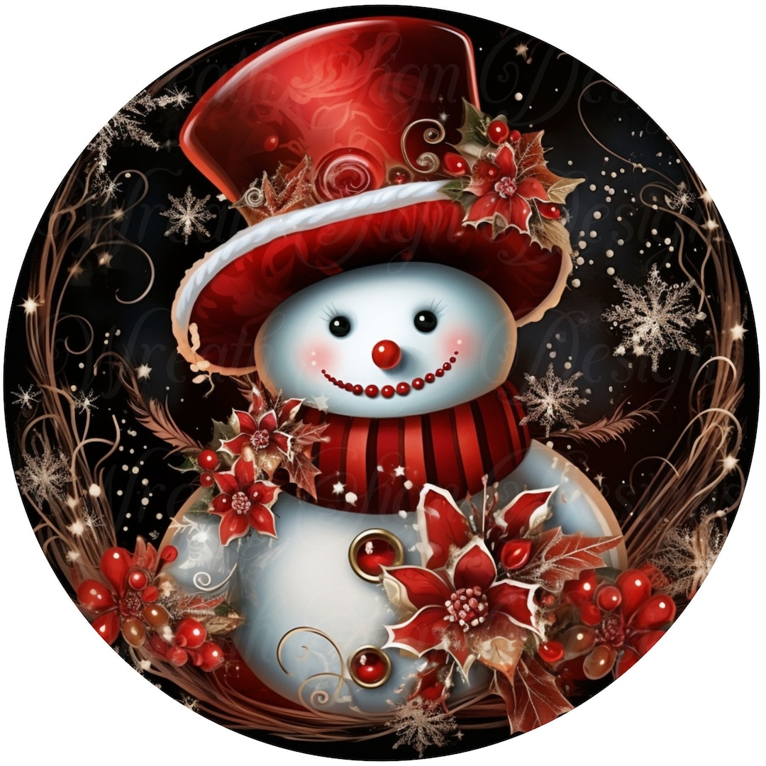 Winter Snowman, Round Metal Wreath Sign, Red and Black Romantic Snowman ...