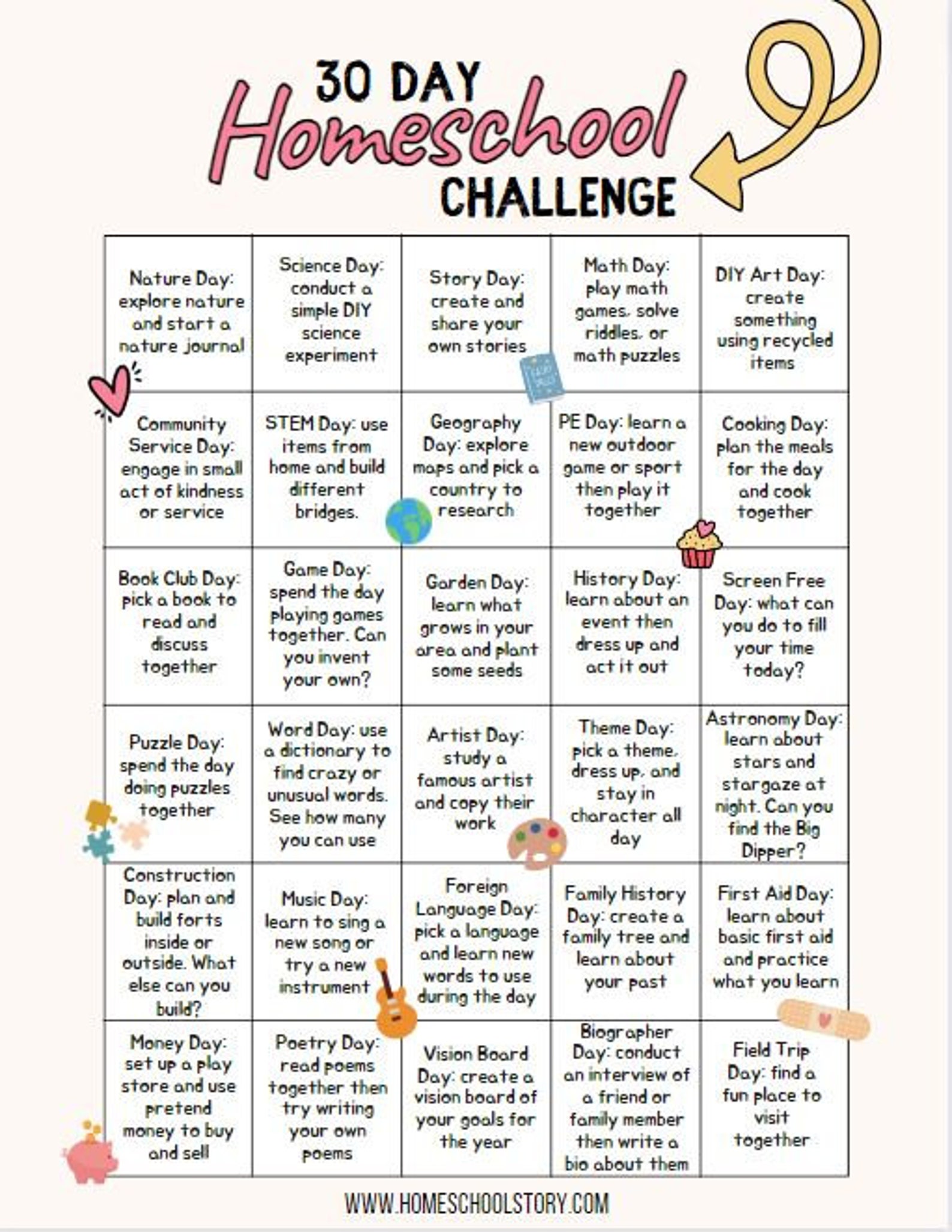 30 Day Homeschool Challenge - Family Fun - Learning Ideas - Checklist ...